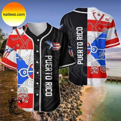 Puerto Rico Flag Black Baseball Jersey - Kaiteez