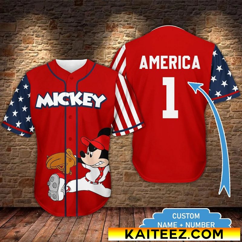 Disney Mickey And Friend Play Baseball Red Line Baseball Jersey - Kaiteez