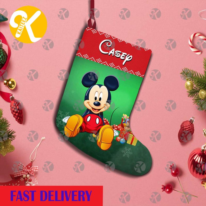 Mickey Mouse Cute In Green Background Personalized Christmas Stocking ...