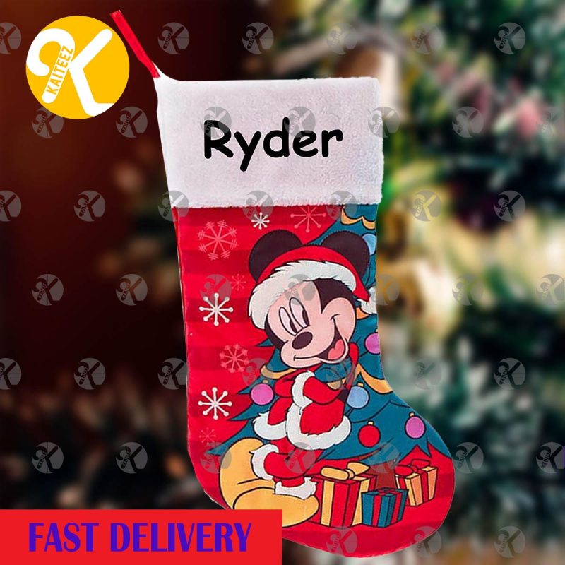 Mickey Mouse Santa With Present In Red Background Christmas Stocking ...